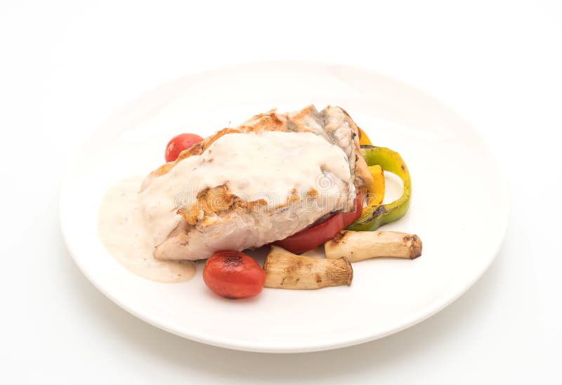 Grilled Snapper Fish Steak with Vegetable Stock Image - Image of white ...