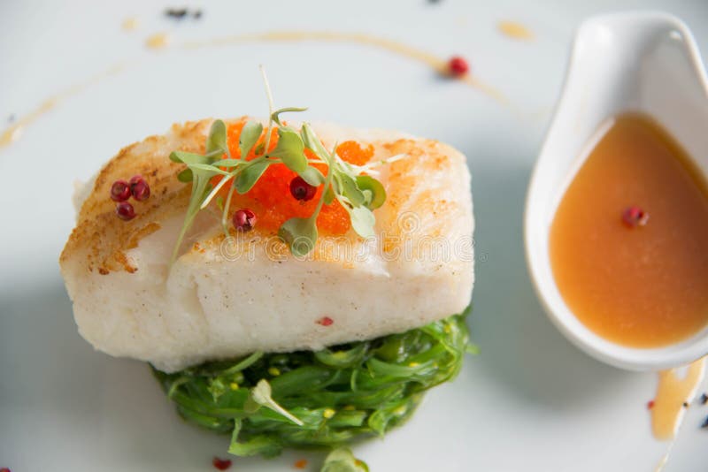 Grilled Snow Fish with Sauce. Stock Photo - Image of grilled, italian ...