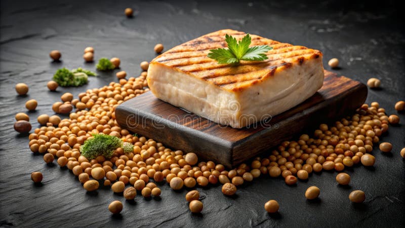 Grilled Soy Protein Block on Wood, Surrounded by Soybeans. Generative ...