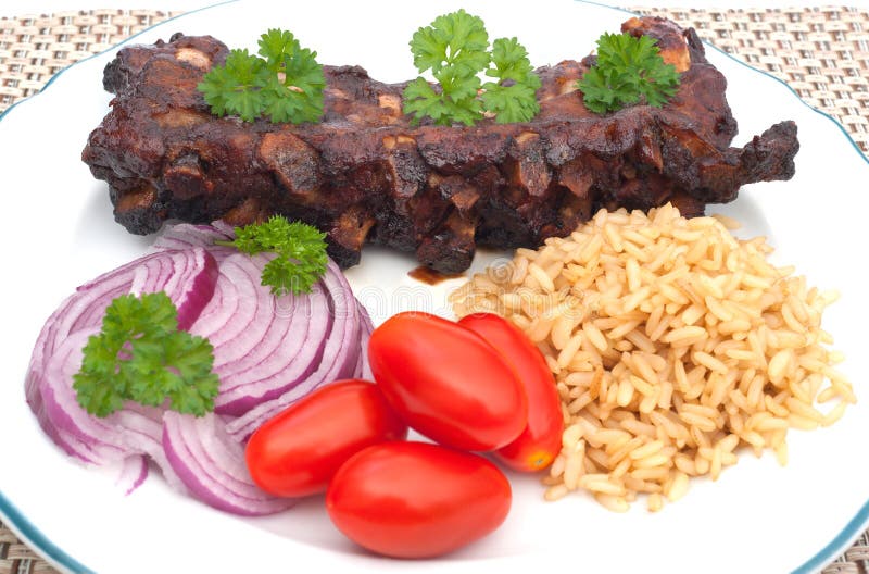 Grilled Spare Ribs with Rice Stock Image - Image of dinner, onions ...