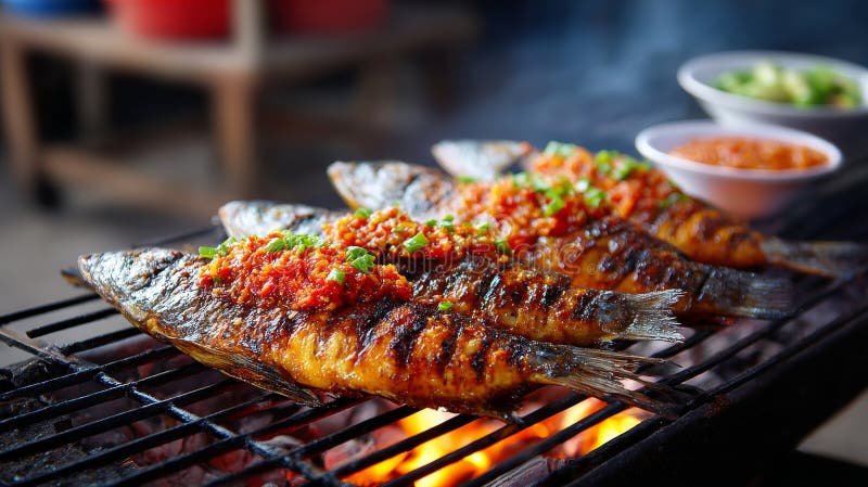 Grilled Spicy Fish with Red Chili and Vegetables on Open Flame Stock ...