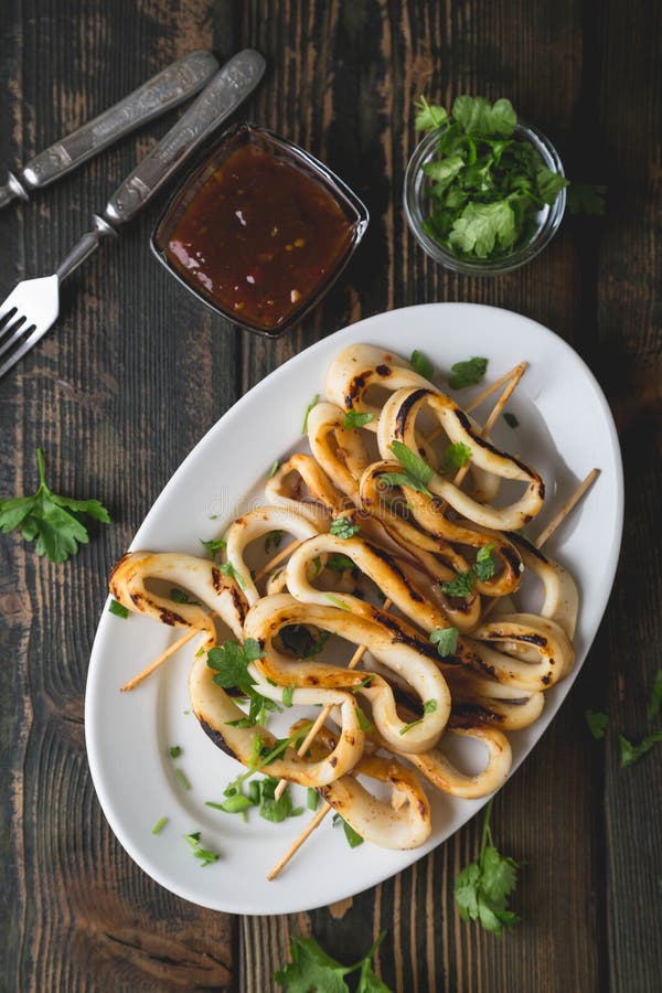 Grilled Squid Rings on a Skewer Stock Image - Image of squid, cooking ...