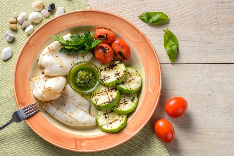 Grilled squid with squash stock photo. Image of healthy - 155804202