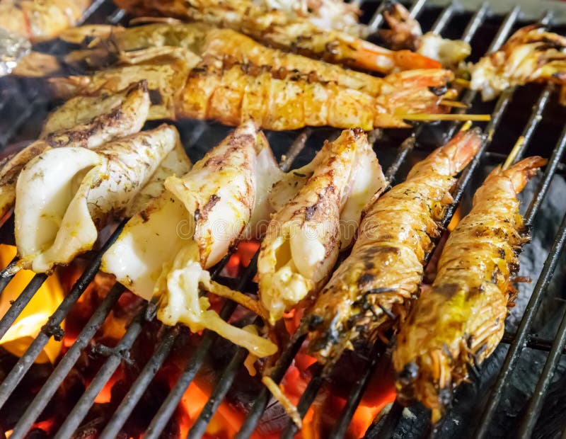 Grilled Squid Stuffed with Seafood by Fire and BBQ Stock Image - Image ...