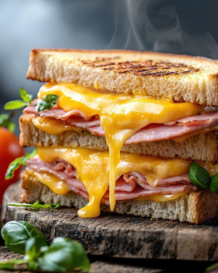 Grilled Stacked Sandwitch with Ham and Melting Cheddar Cheese on Rustic ...
