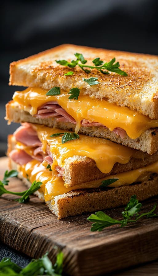 Grilled Stacked Sandwitch with Ham and Melting Cheddar Cheese on Rustic ...