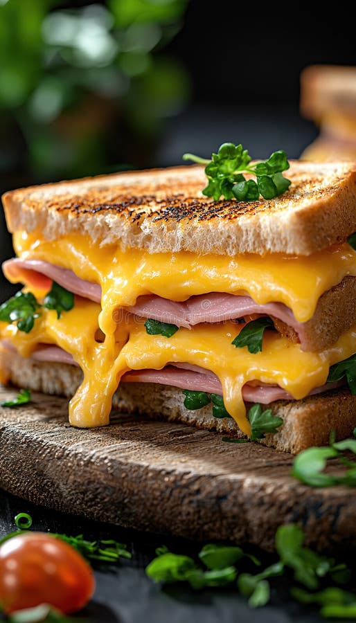 Grilled Stacked Sandwitch with Ham and Melting Cheddar Cheese on Rustic ...