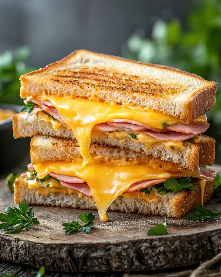 Grilled Stacked Sandwitch with Ham and Melting Cheddar Cheese on Rustic ...