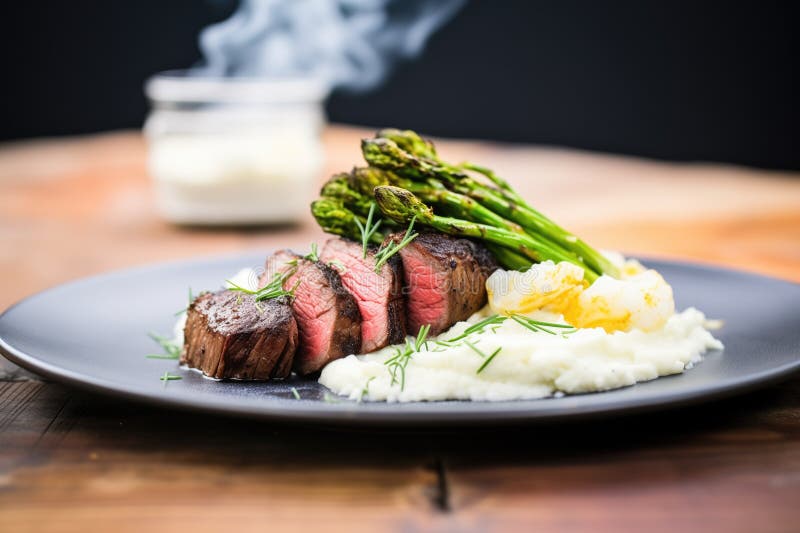 Grilled Steak with Asparagus and Mashed Potatoes on a Stone Plate Stock ...