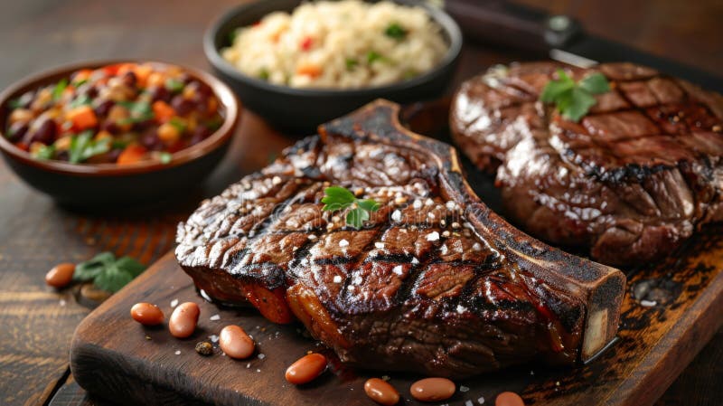 Grilled Steak with Bone, Beans, and Rice Stock Illustration ...