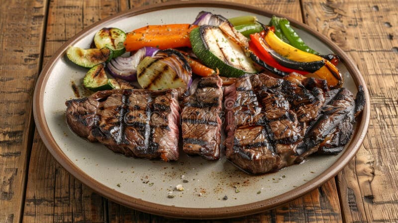 Grilled Steak and Colorful Vegetables on Rustic Wooden Table Stock ...