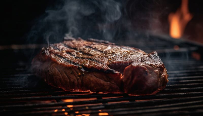 Grilled Steak on a Dark Plate, Glowing with Natural Heat Generated by ...