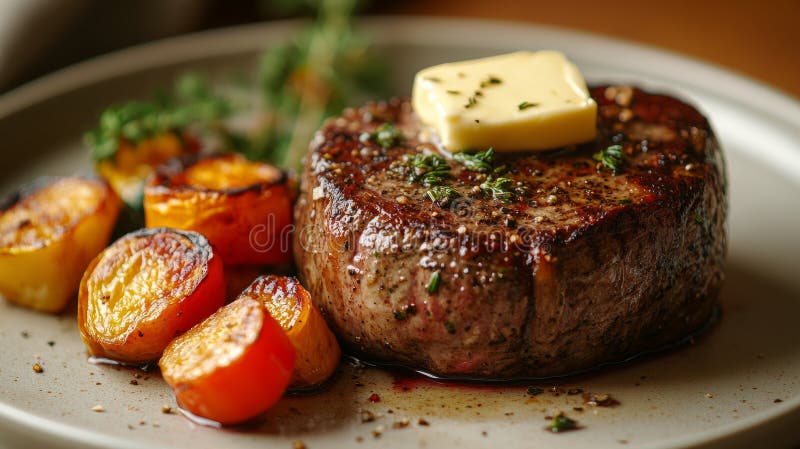 Grilled Steak Filet with Roasted Vegetables and Butter on a Plate Stock ...