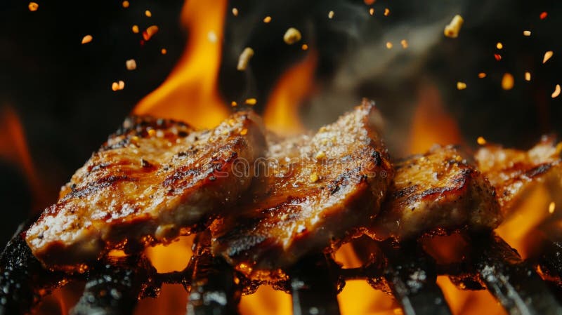 Grilled Steak on a Flaming Grill Stock Illustration - Illustration of ...