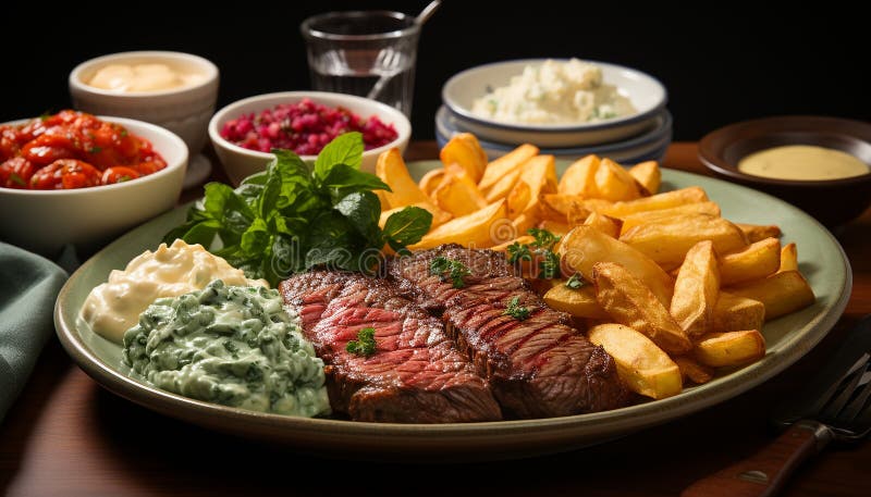 Grilled Steak, Fresh Fillet, Prepared Potato, and Savory Sauce ...