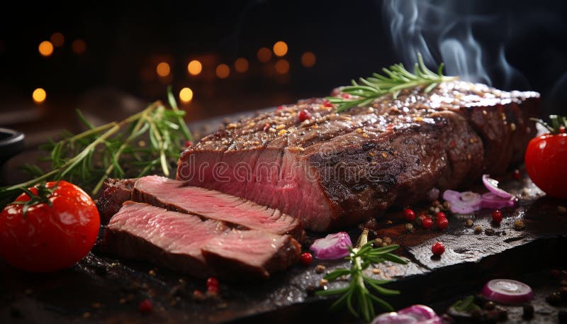 Grilled Steak, Juicy and Rare, Ready To Eat on Rustic Table Generated ...