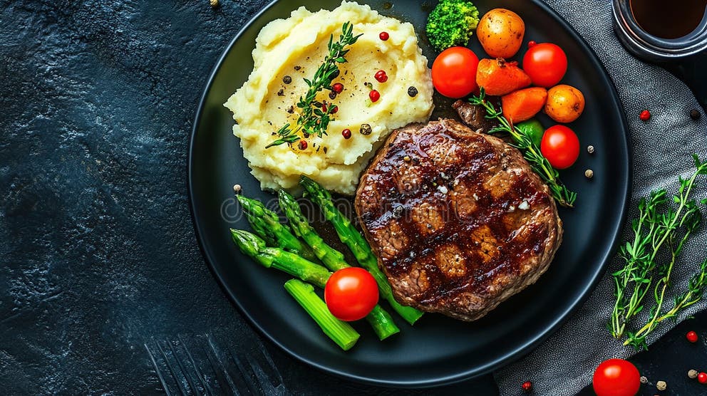 Grilled Steak with Mashed Potatoes, Asparagus, and Cherry Tomatoes ...