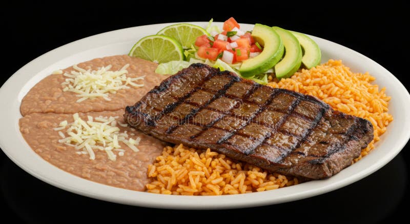Grilled Steak with Mexican Rice and Beans Plate Stock Illustration ...