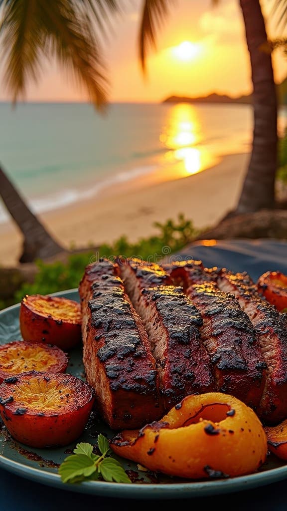 Grilled Steak and Peaches at Tropical Beach Sunset with Palm Trees ...