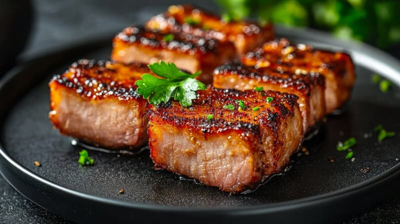 Grilled Steak Pieces on a Plate with Garnish Stock Photo - Image of ...