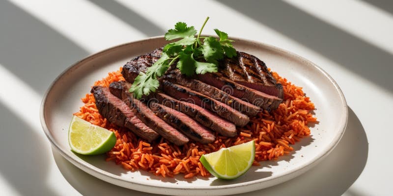 Grilled Steak with Red Rice and Lime Wedges Stock Image - Image of ...