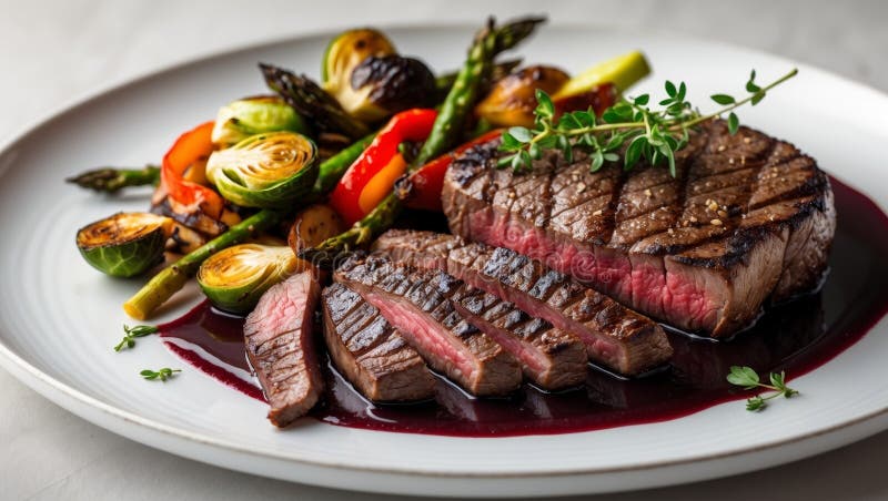 Grilled Steak with Red Wine Reduction and Roasted Vegetables. Stock ...
