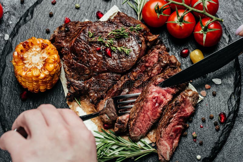 Grilled Steak Ribeye Black Angus Medium Rare Beef. Top View Stock Photo ...