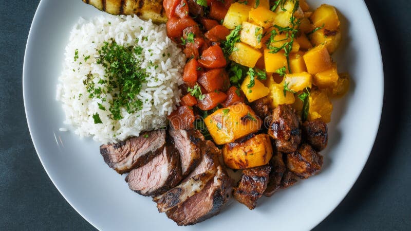 Grilled Steak with Rice and Roasted Vegetables Stock Illustration ...