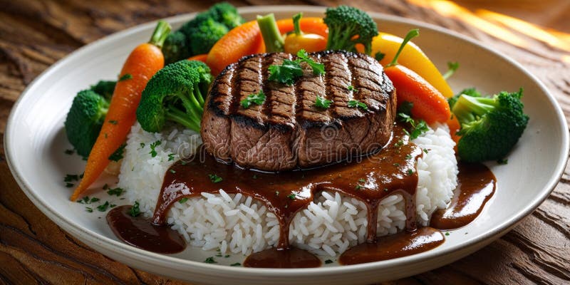 Grilled Steak with Rice Vegetables and Sauce. Stock Image - Image of ...