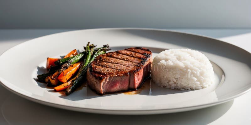 Grilled Steak with Roasted Vegetables and Rice. Stock Image - Image of ...