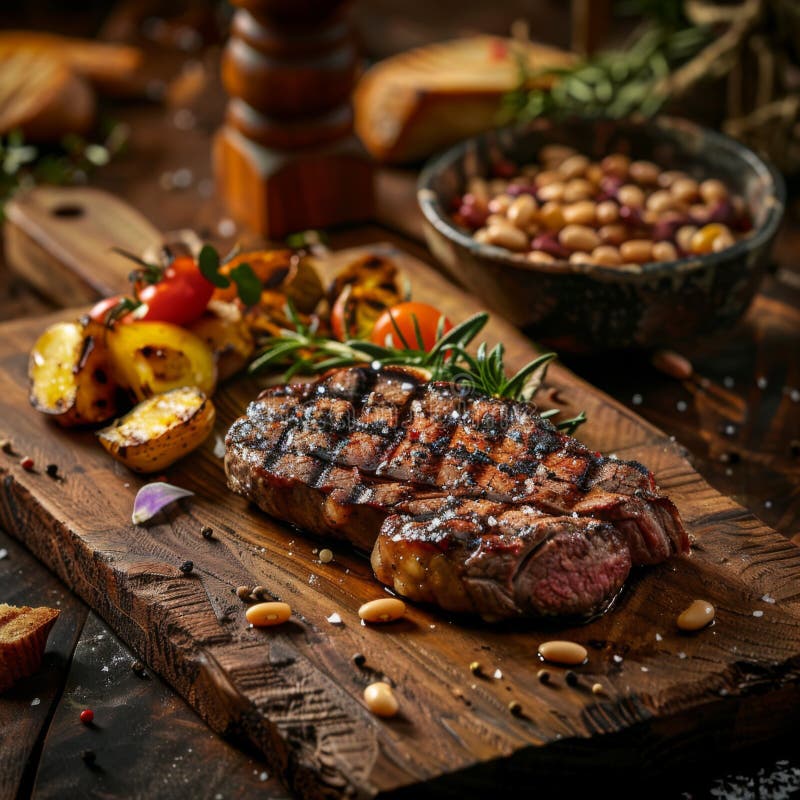 Grilled Steak with Rosemary, Potatoes, and Beans Stock Illustration ...