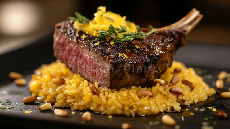 Grilled Steak with Saffron Risotto and Pine Nuts Stock Illustration ...