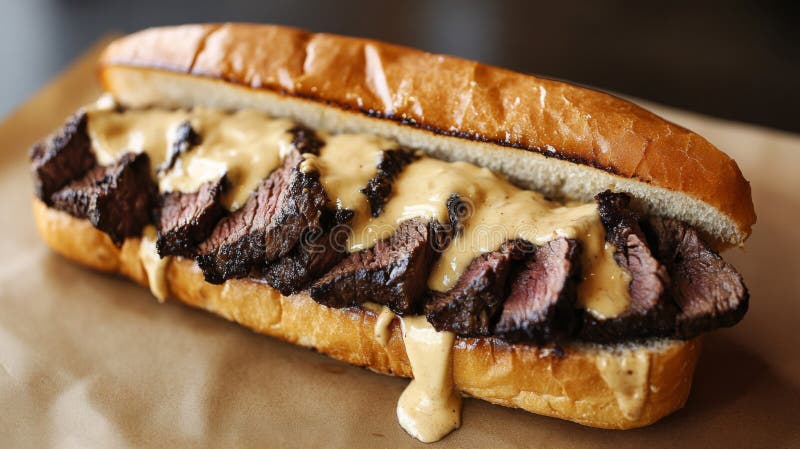 Grilled Steak Sandwich with Creamy Sauce on Crusty Roll Stock ...