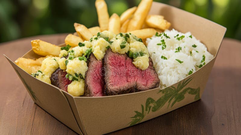 Grilled Steak is Served in a Bento Box with Rice, Fries, and Salad ...