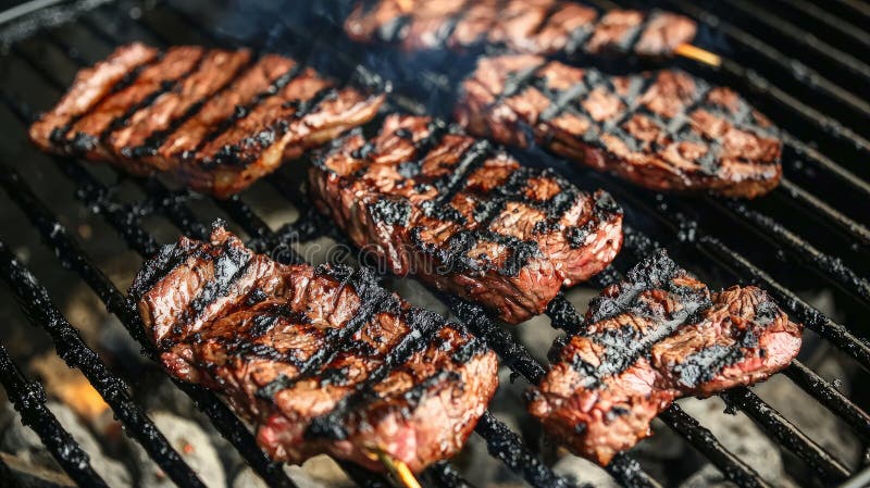 Grilled Steak Skewers Sizzling on a Hot Grill Stock Image - Image of ...