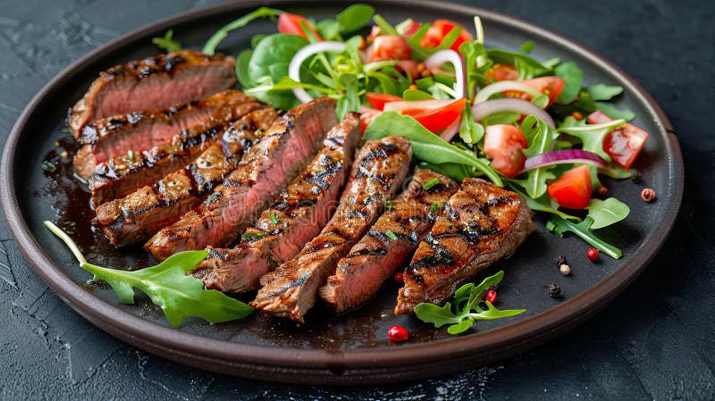 Grilled Steak Slices with Salad on Dark Plate Rustic Presentation Stock ...