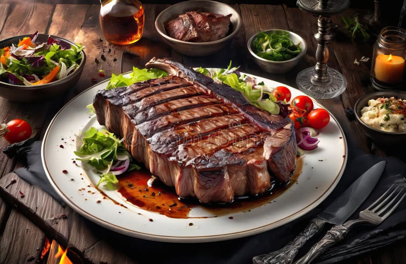 Grilled Steak in Entourage on a Wooden Board, AI Generated Stock ...