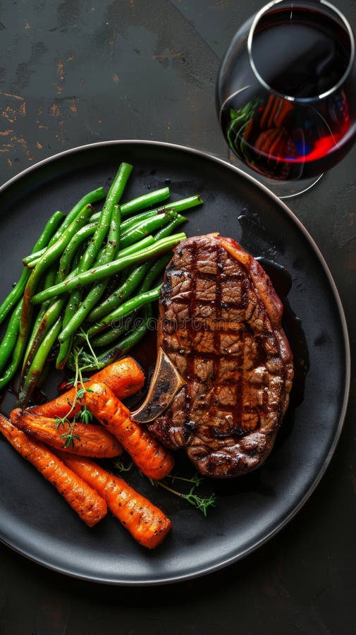 Grilled Steak with Vegetables and Red Wine on a Dark Plate Stock Photo ...