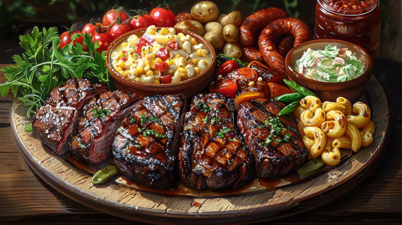 Grilled Steaks Assortment with Various Side Dishes, Rustic Presentation ...