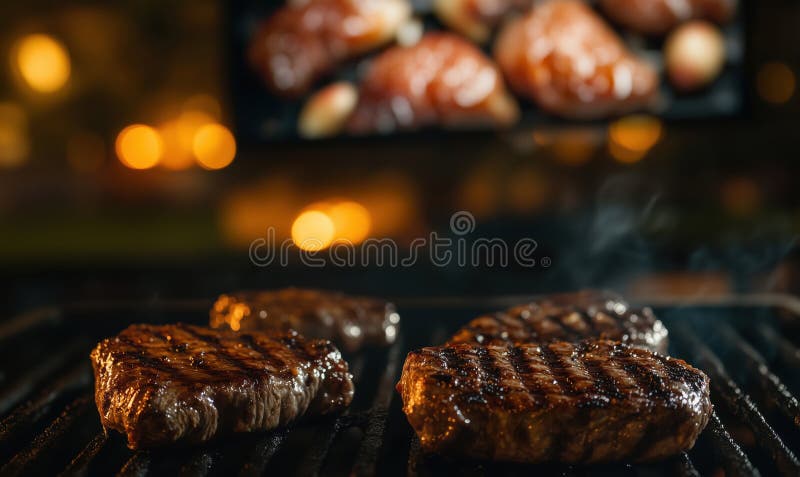 Grilled Steaks on Barbecue with Smoky Background and Blurred Meat ...