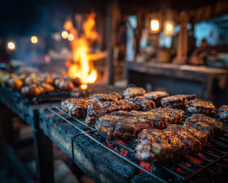 Grilled Steaks on Charcoal Grill at Night Stock Illustration ...