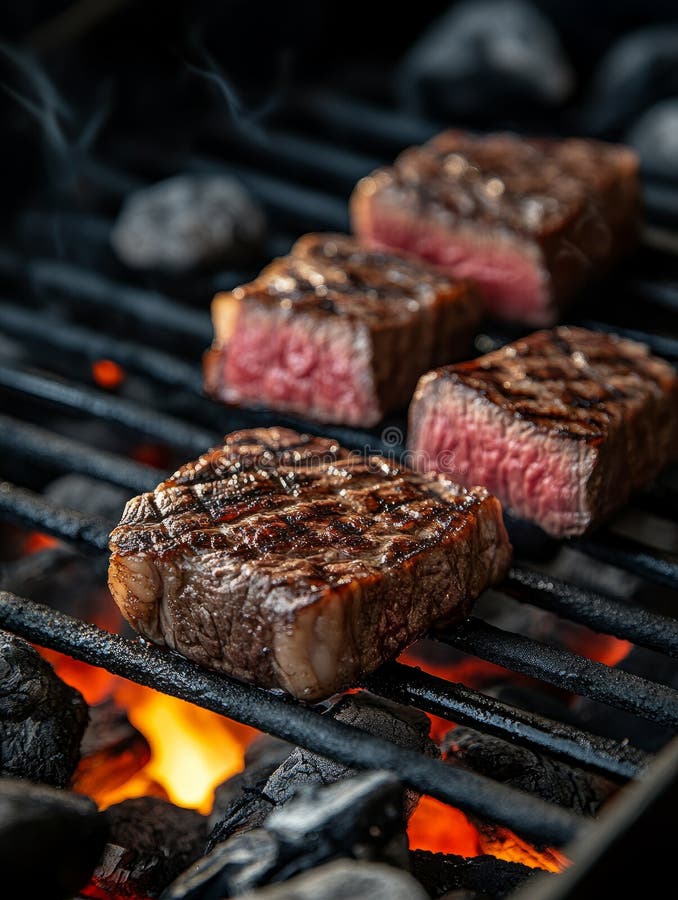 Grilled Steaks Cooking Over Open Flames on a Barbecue. Stock Photo ...