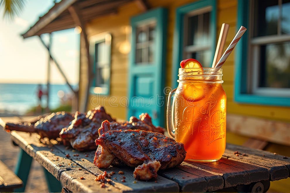Grilled Steaks and Iced Tea on Rustic Table by Beachfront Cottage Stock ...