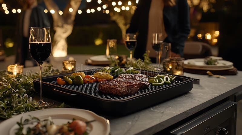 Grilled Steaks and Vegetables on a Griddle at an Outdoor Dinner Party ...