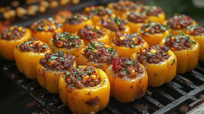 Grilled Stuffed Peppers, Backyard BBQ, Summer Meal, Close-up Stock ...