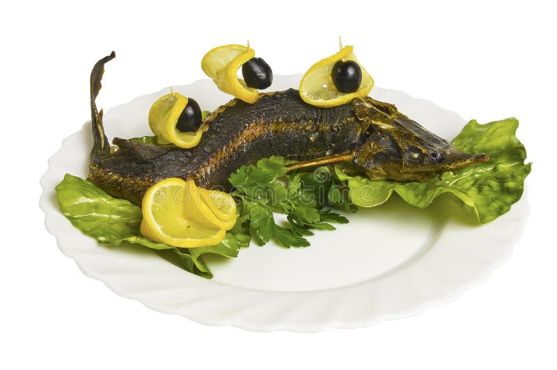 Grilled Sturgeon with Lemon on the Plate, Isolated Stock Photo - Image ...