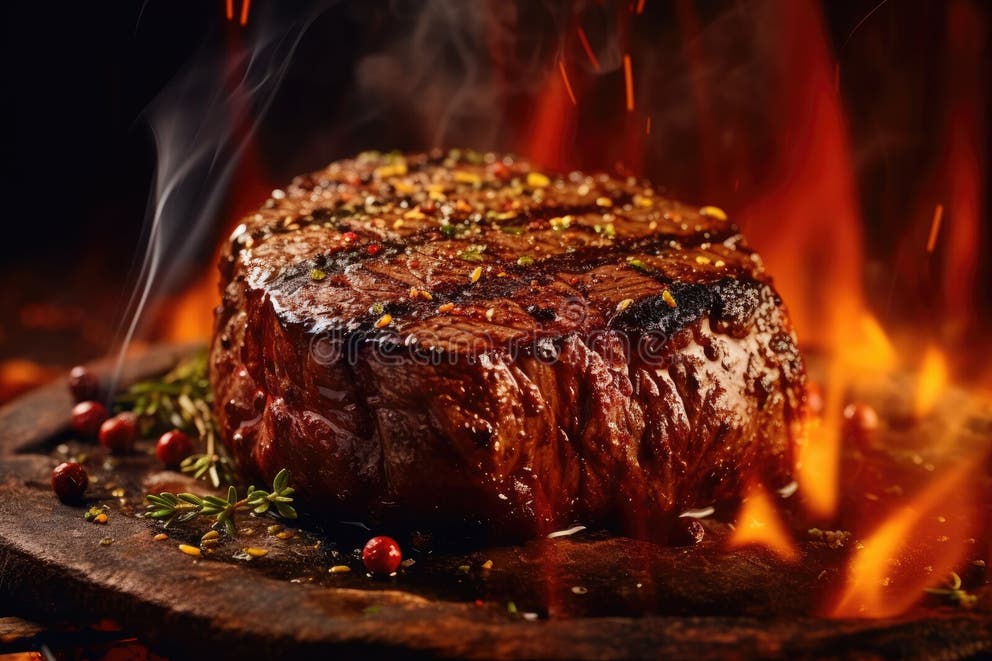 Grilled Succulent Chunk of Beef with Fire Flames. Generative AI Stock ...