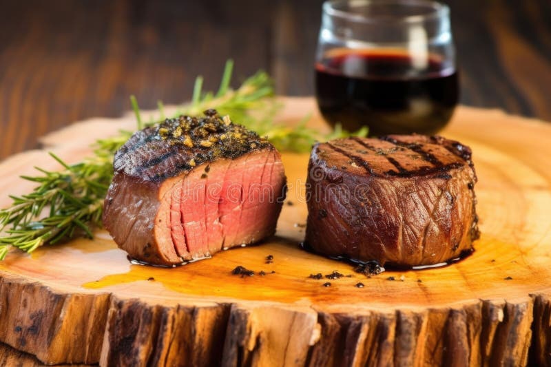 Grilled Succulent Filet Mignon on Burnt Wood Board Stock Image - Image ...