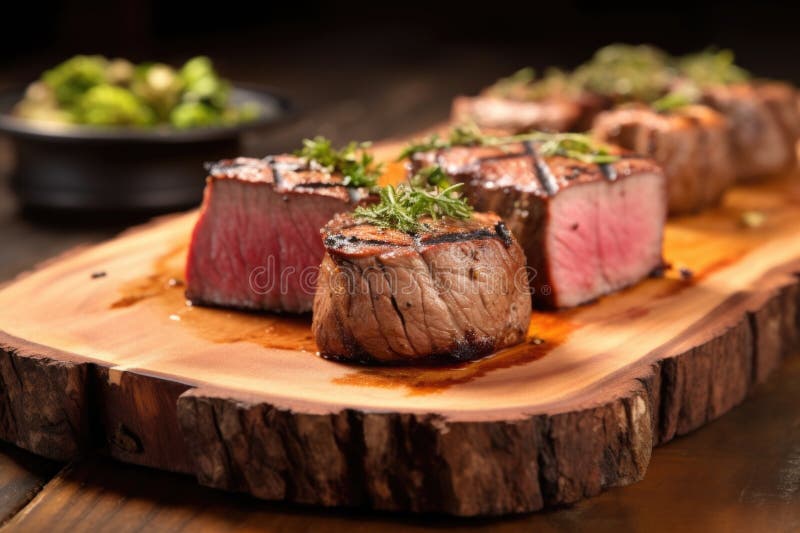 Grilled Succulent Filet Mignon on Burnt Wood Board Stock Image - Image ...
