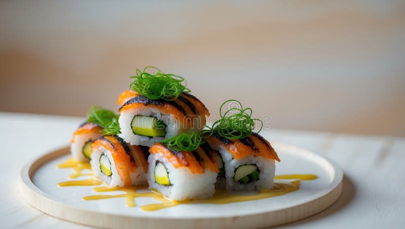 Grilled Sushi Rolls Topped with Green Onions. Stock Image - Image of ...